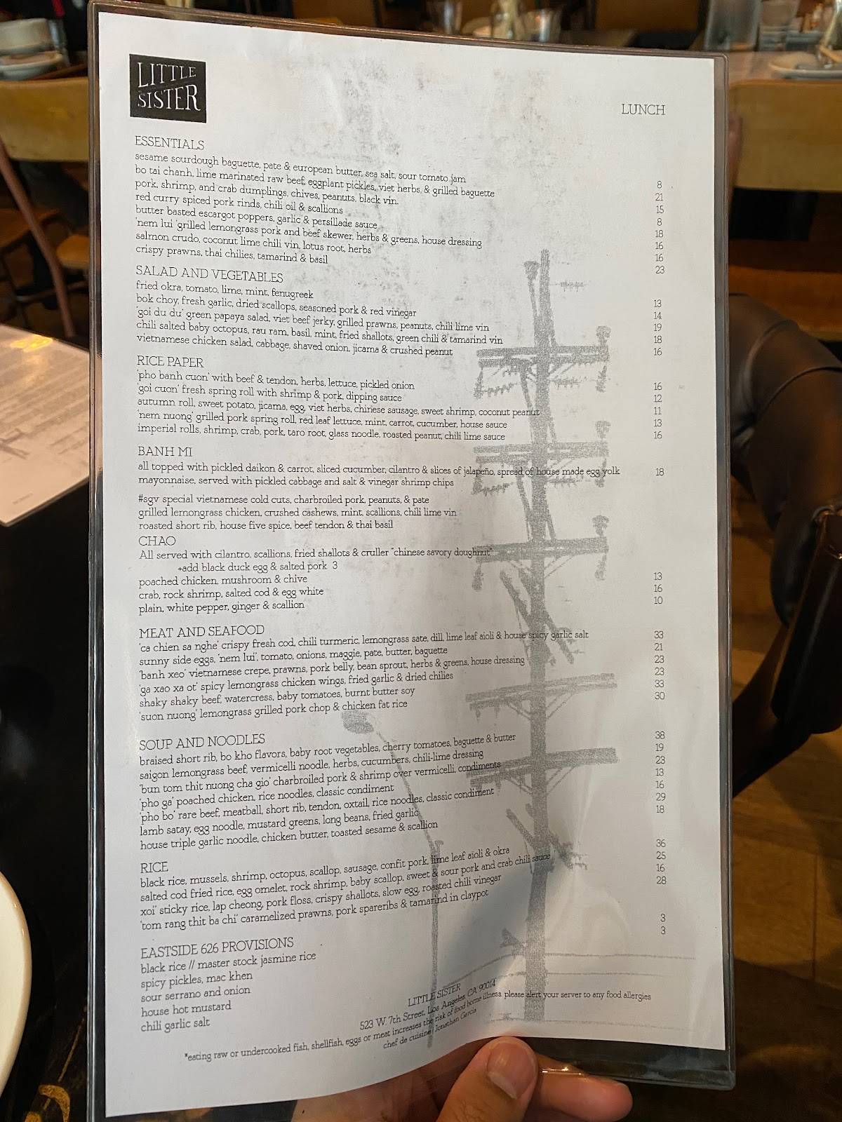 Menu at Little Sister DTLA restaurant, Los Angeles