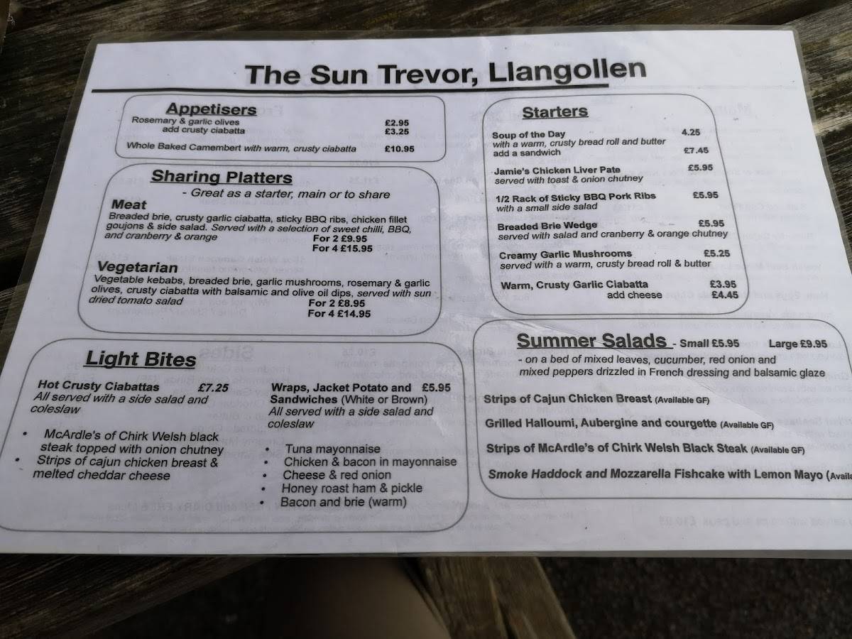 Menu at Sun Trevor pub & bar, Llangollen