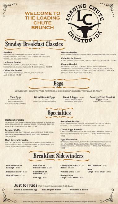Menu at Loading Chute Restaurant and Barn, Creston