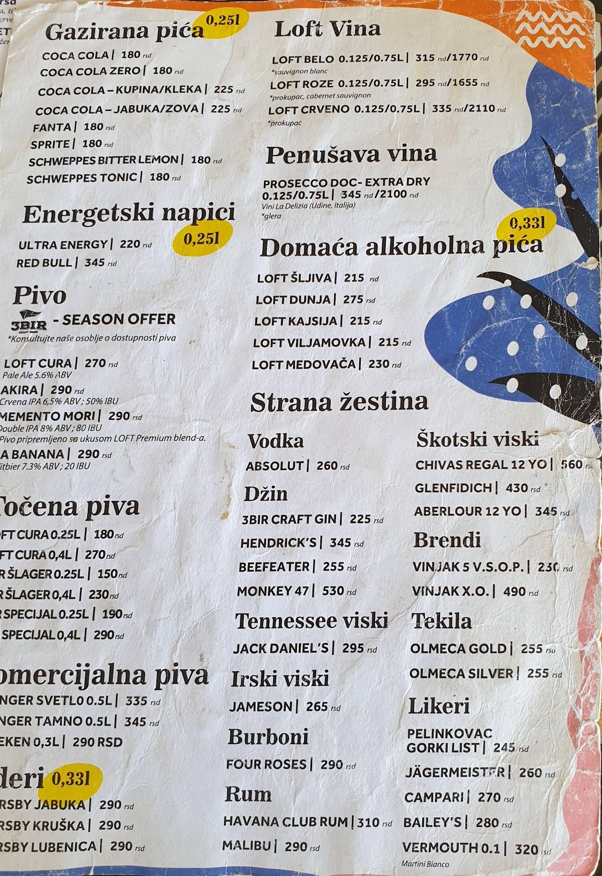 Menu at Loft River, Restaurant & Beach Bar, Novi Sad