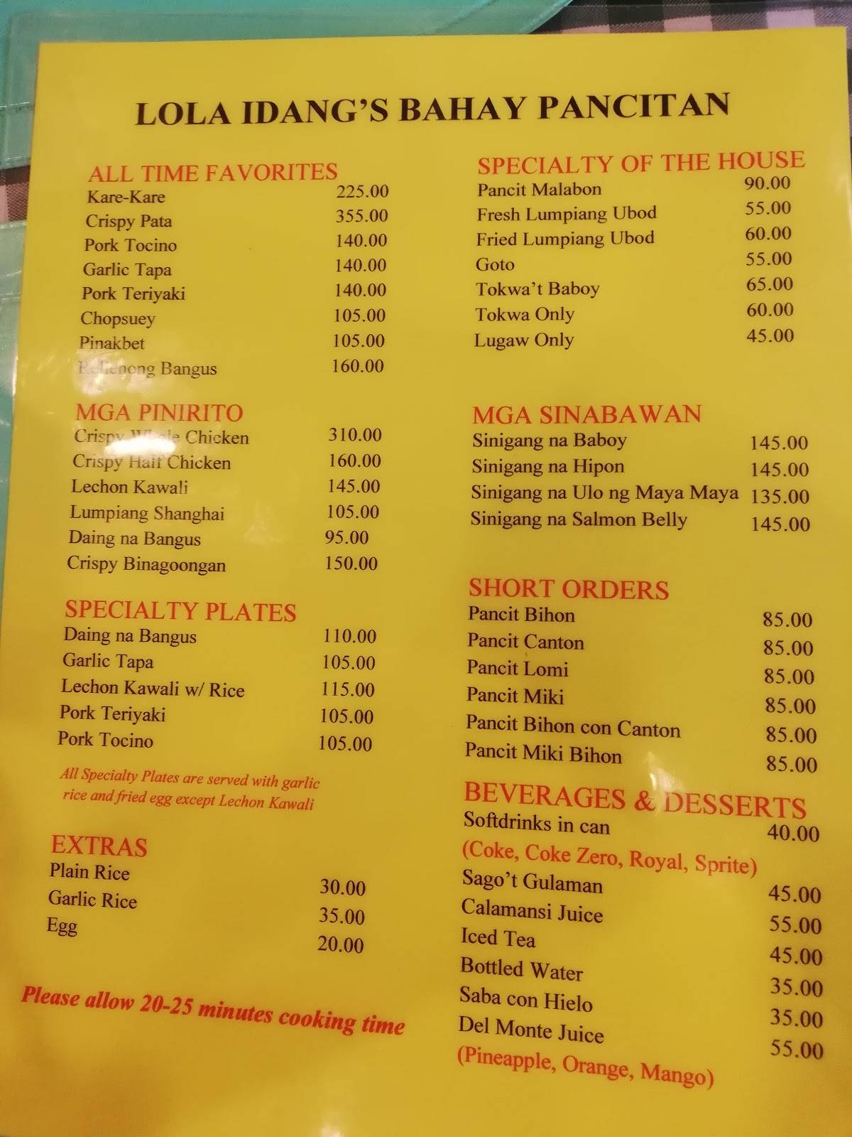 Menu at Lola Idang's Bahay Pancitan restaurant, Quezon City