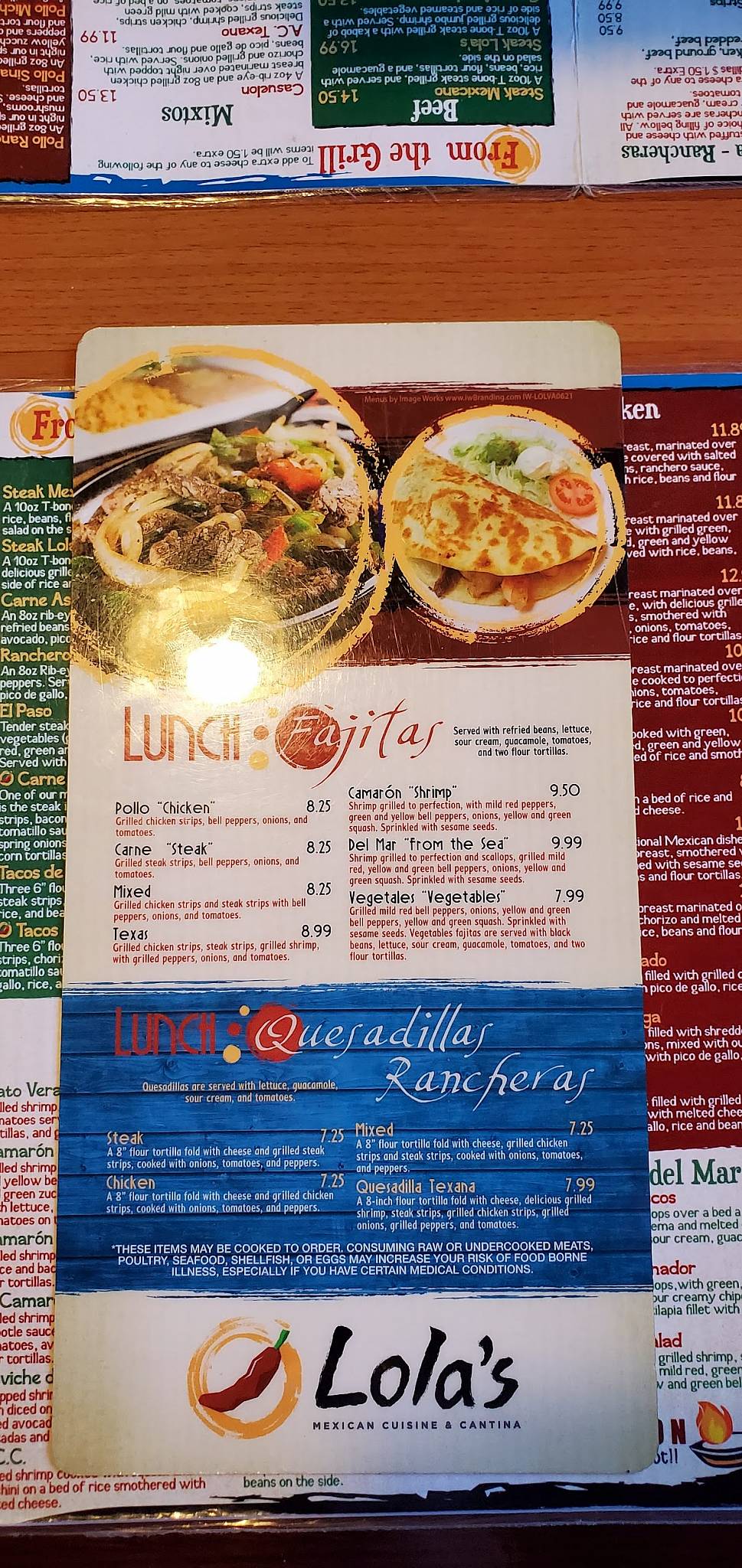 Menu at Lola's Mexican Cuisine & Cantina restaurant, Lynchburg
