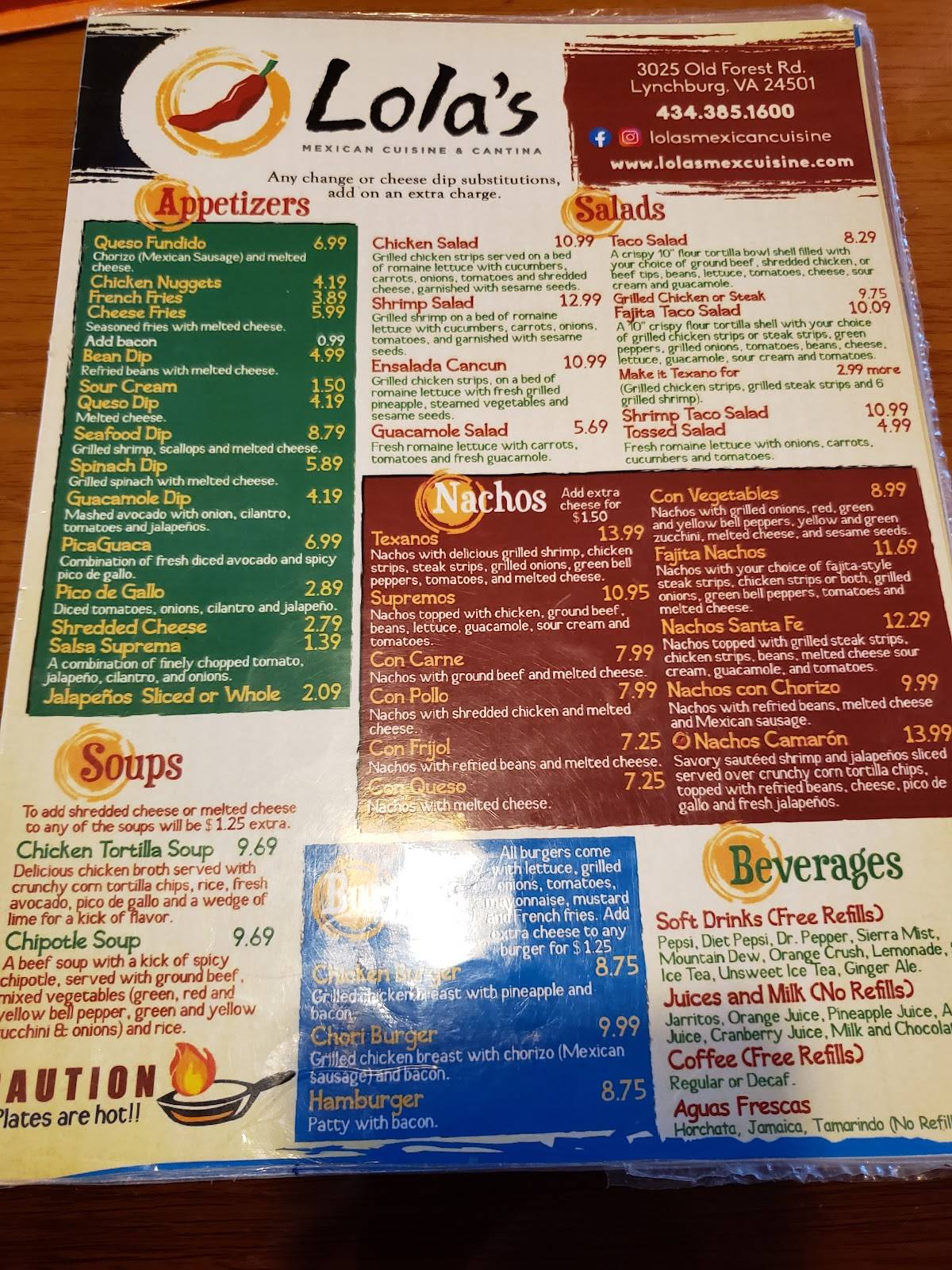 Menu at Lola's Mexican Cuisine & Cantina restaurant, Lynchburg
