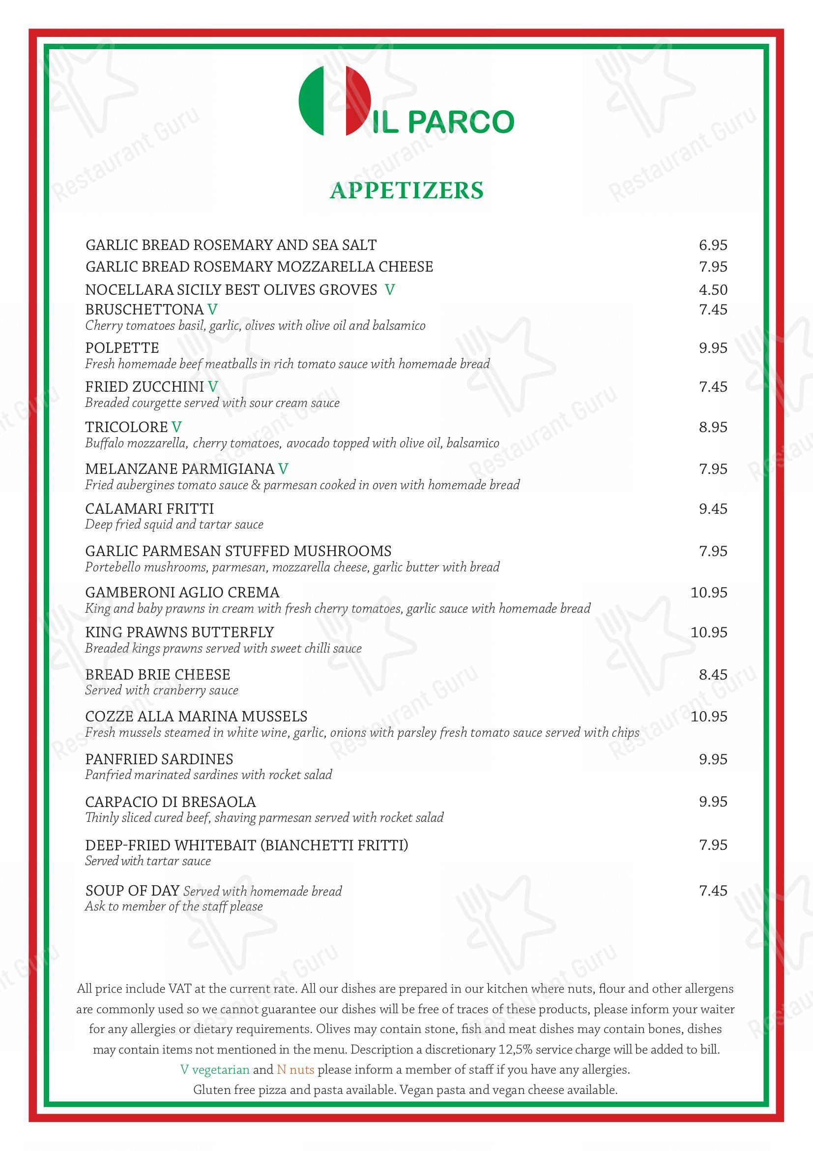 Menu at Il Parco restaurant, London