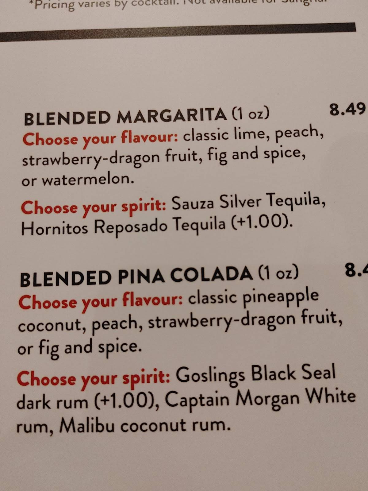 Menu at Pickle Barrel, London