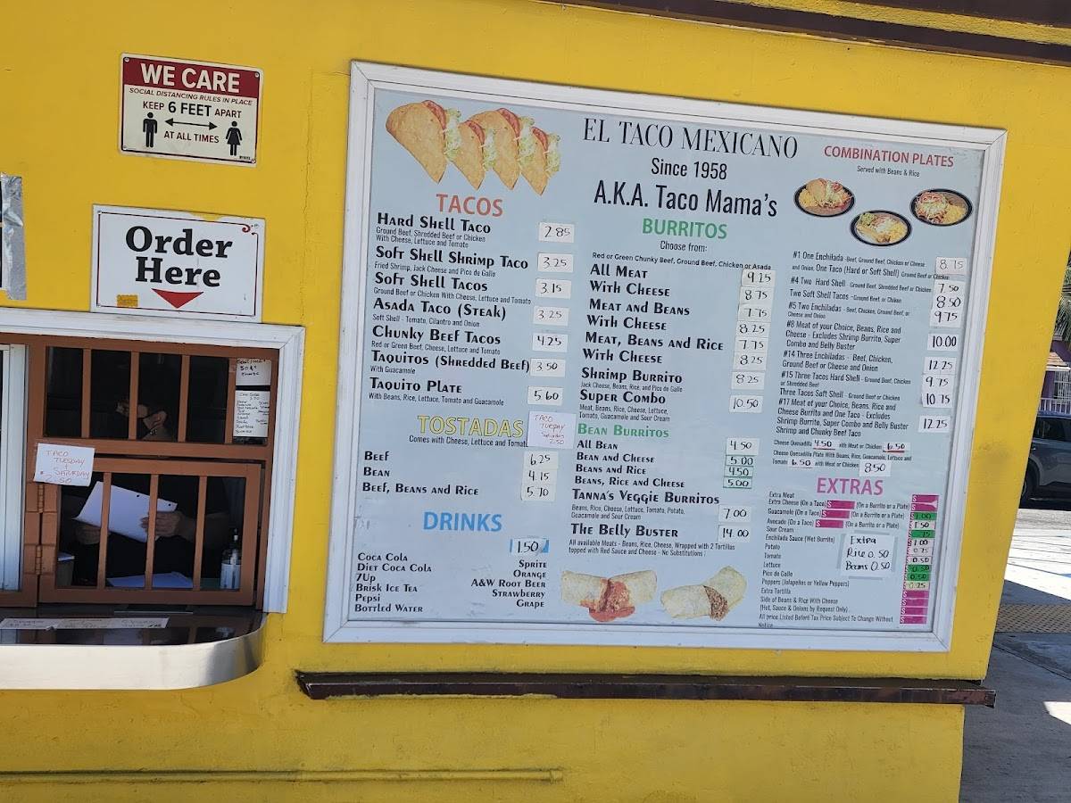 Menu at El Taco Mexicano restaurant, Los Angeles, E Vernon Ave