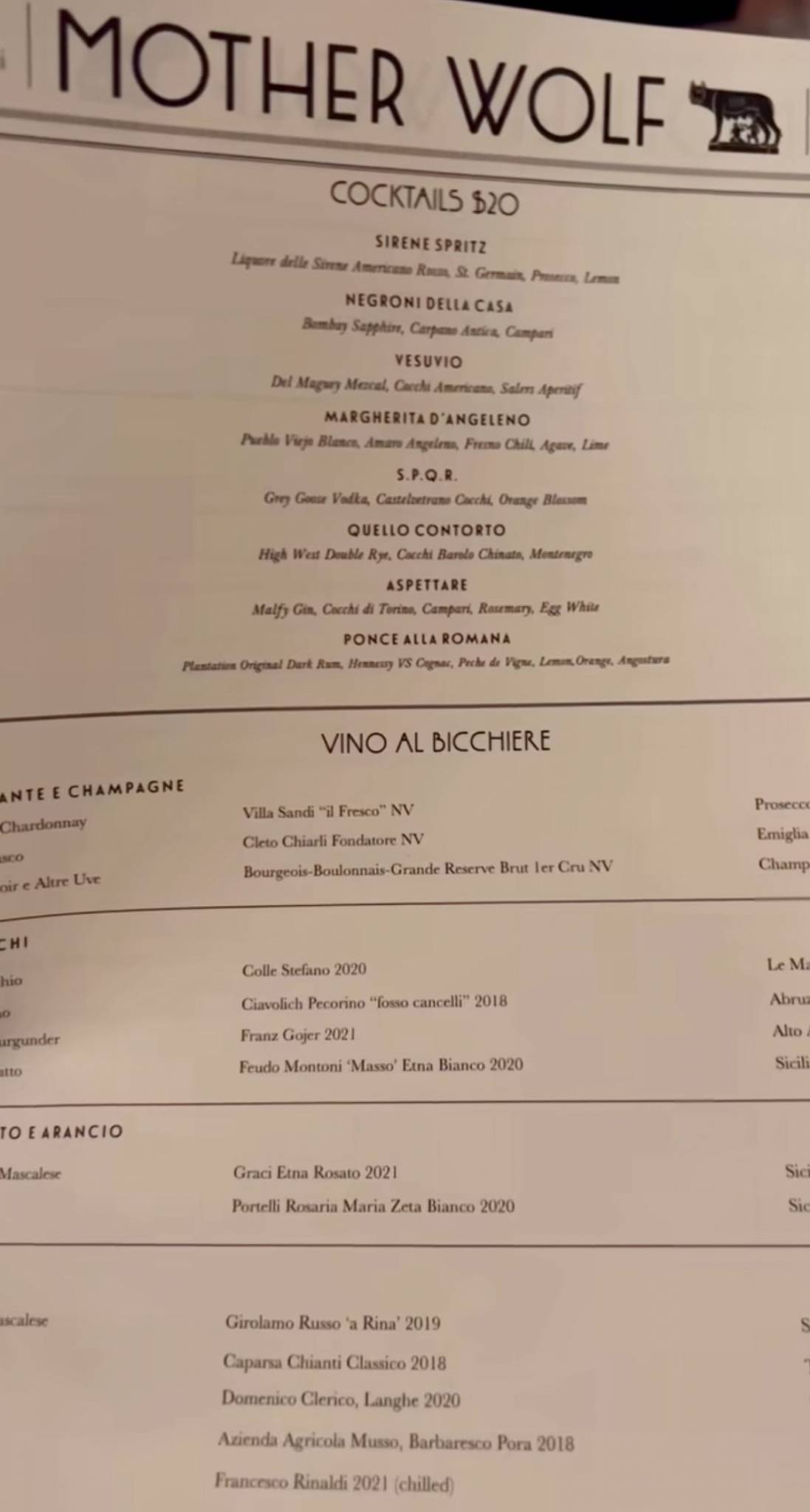 Menu at Mother Wolf restaurant, Los Angeles