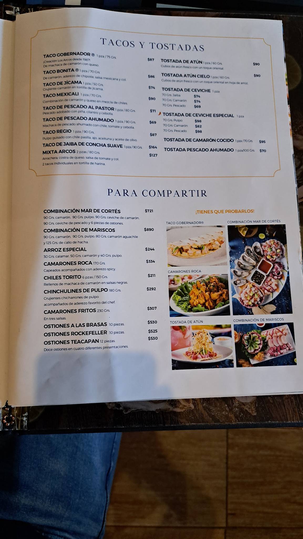 Menu at Los Arcos restaurant, Ciudad Juarez