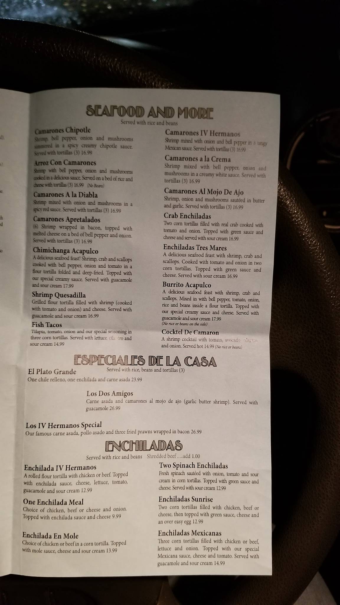Menu at Los IV Hermanos restaurant, Ocean Shores