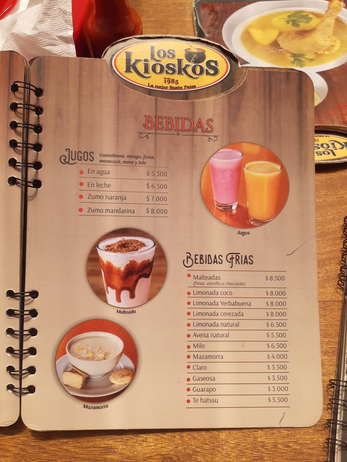 Menu at Los Kioskos restaurant, Guarne, Autopista Medellín-Bogotá #Km 27