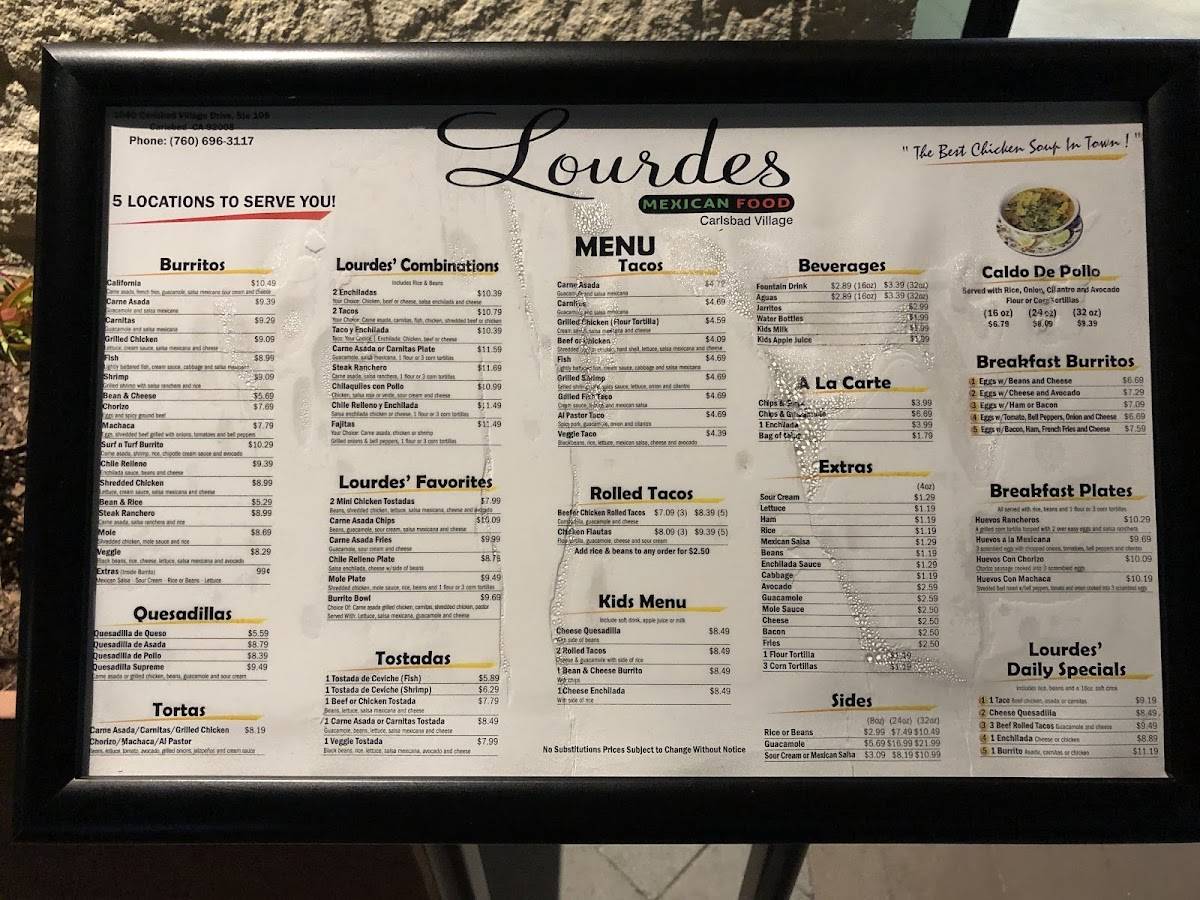 Menu at Lourdes Mexican Food Carlsbad restaurant, Carlsbad