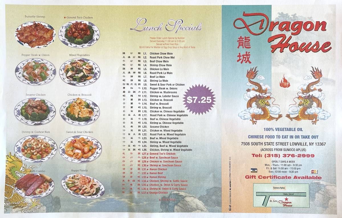 Menu at Dragon House restaurant, Lowville