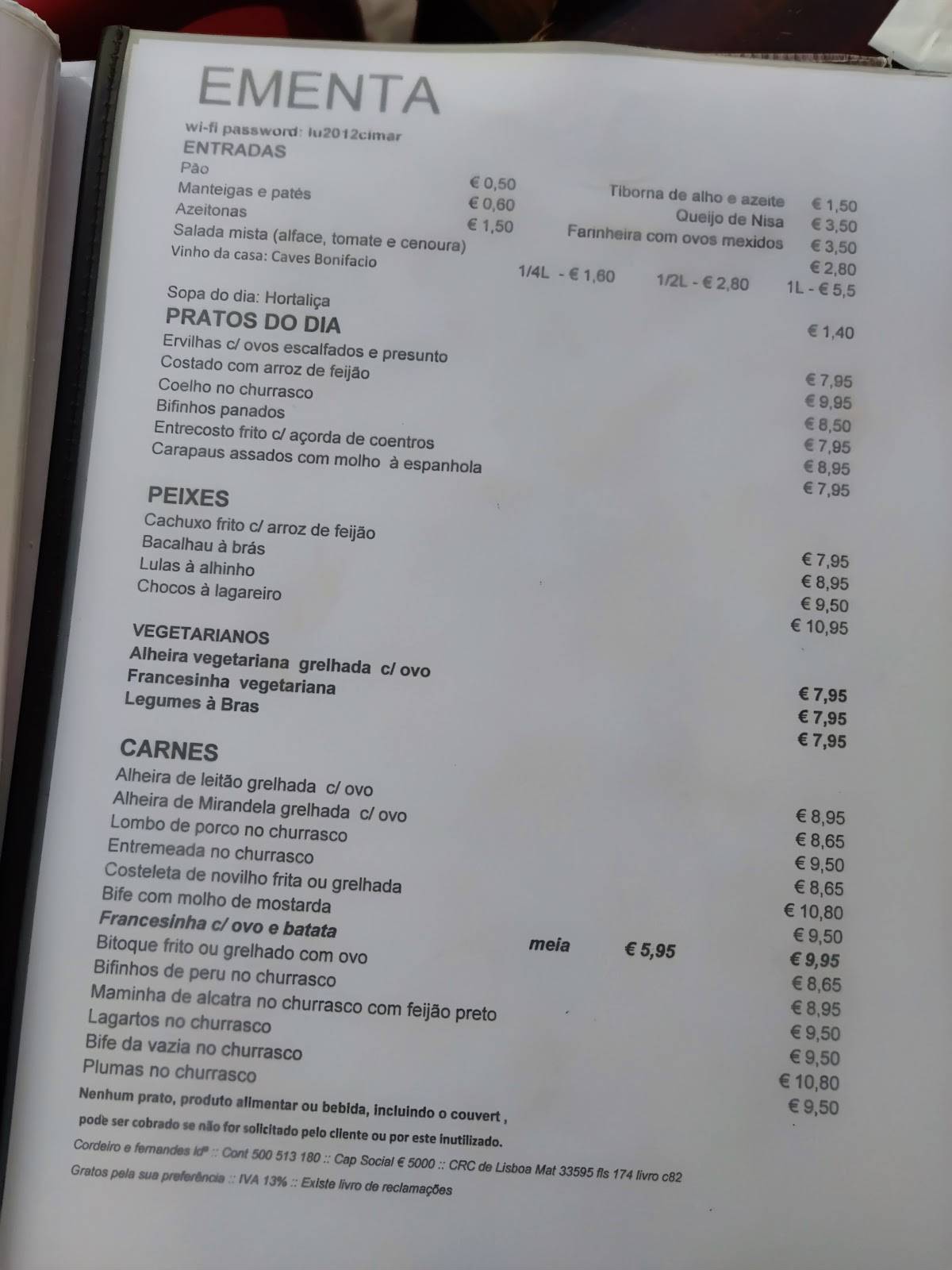 Menu em Lucimar restaurante, Lisboa, Rua Francisco Tomás da Costa