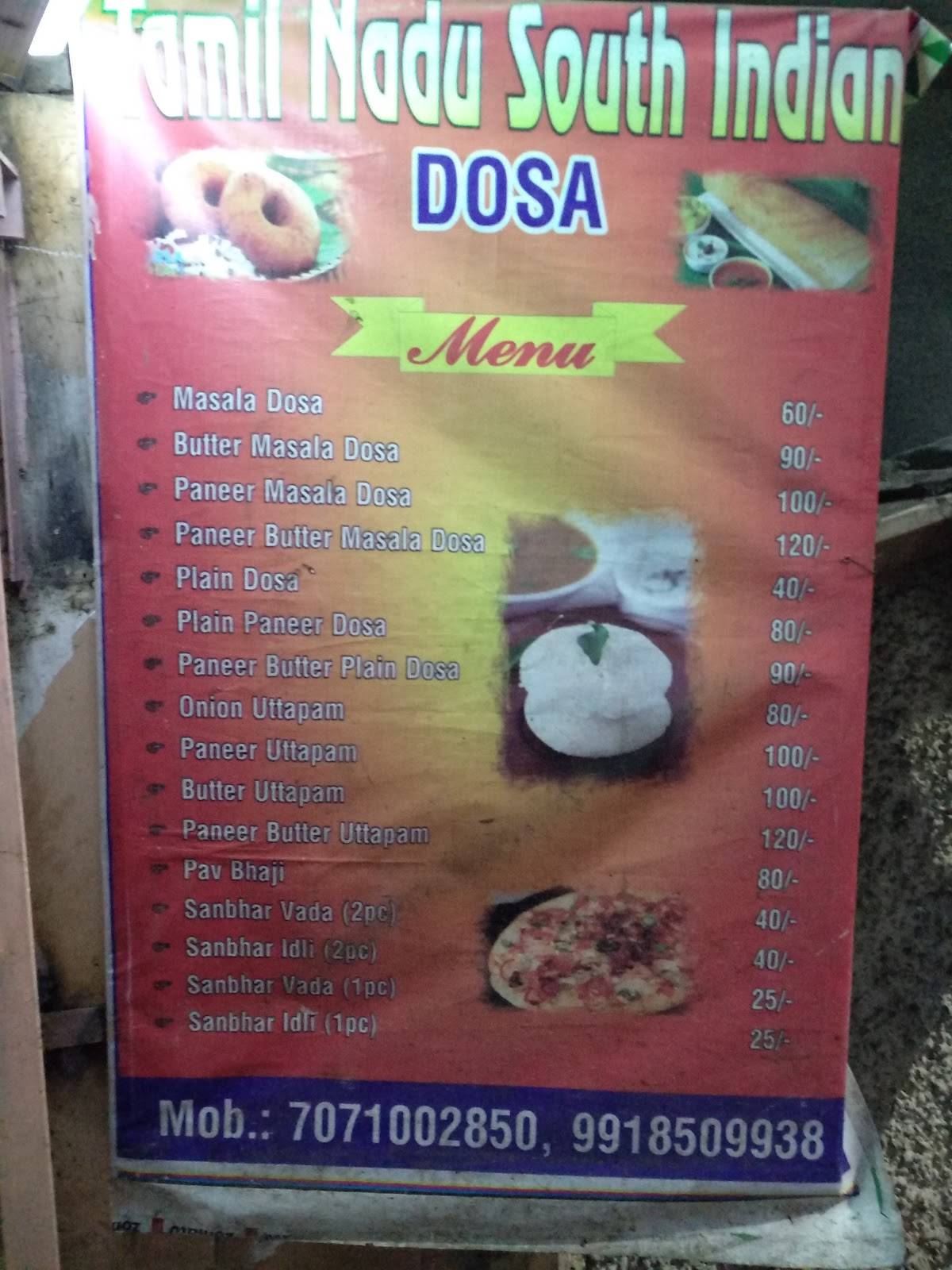 Menu at Tamil Nadu South Indian Dosa, Lucknow
