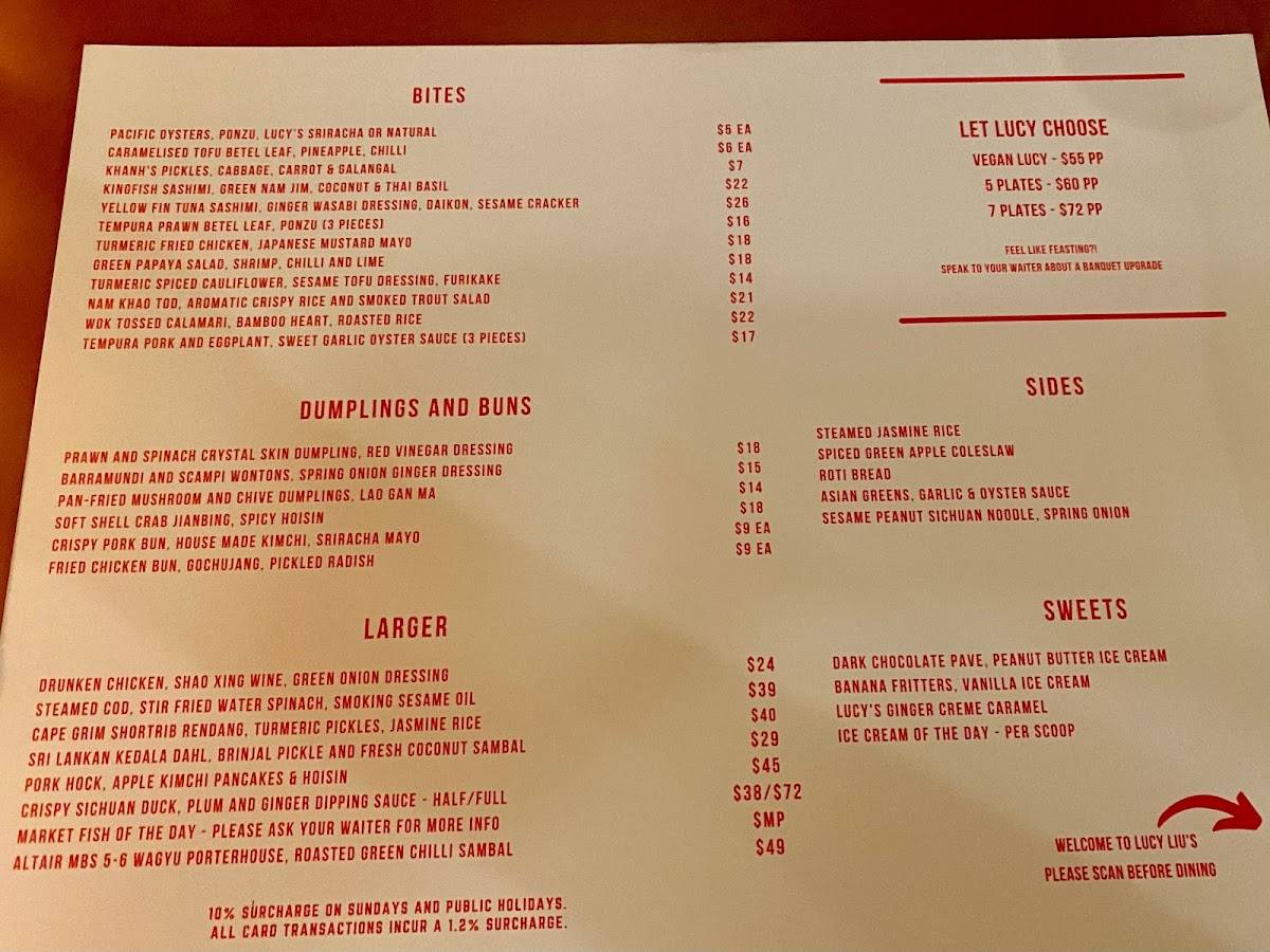 Menu at Lucy Liu Kitchen and Bar, Melbourne