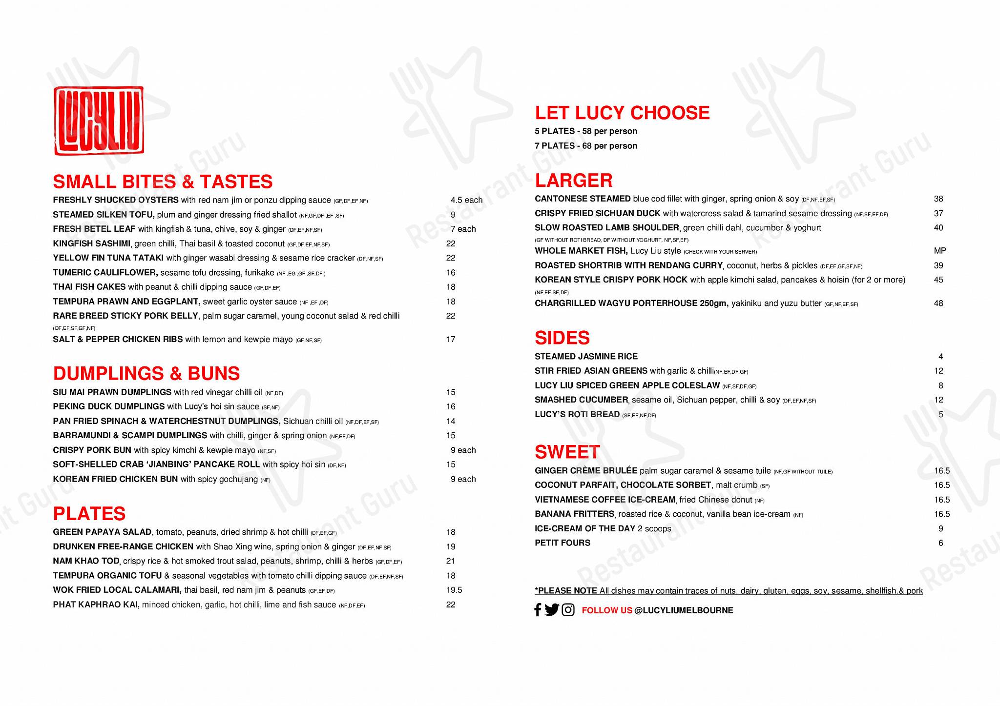 Menu at Lucy Liu Kitchen and Bar, Melbourne