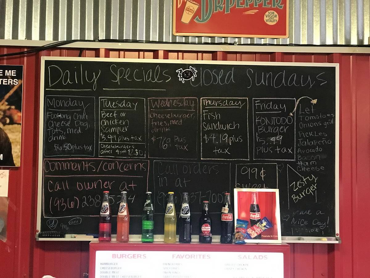 Menu at Zesty Burger fast food, Lufkin