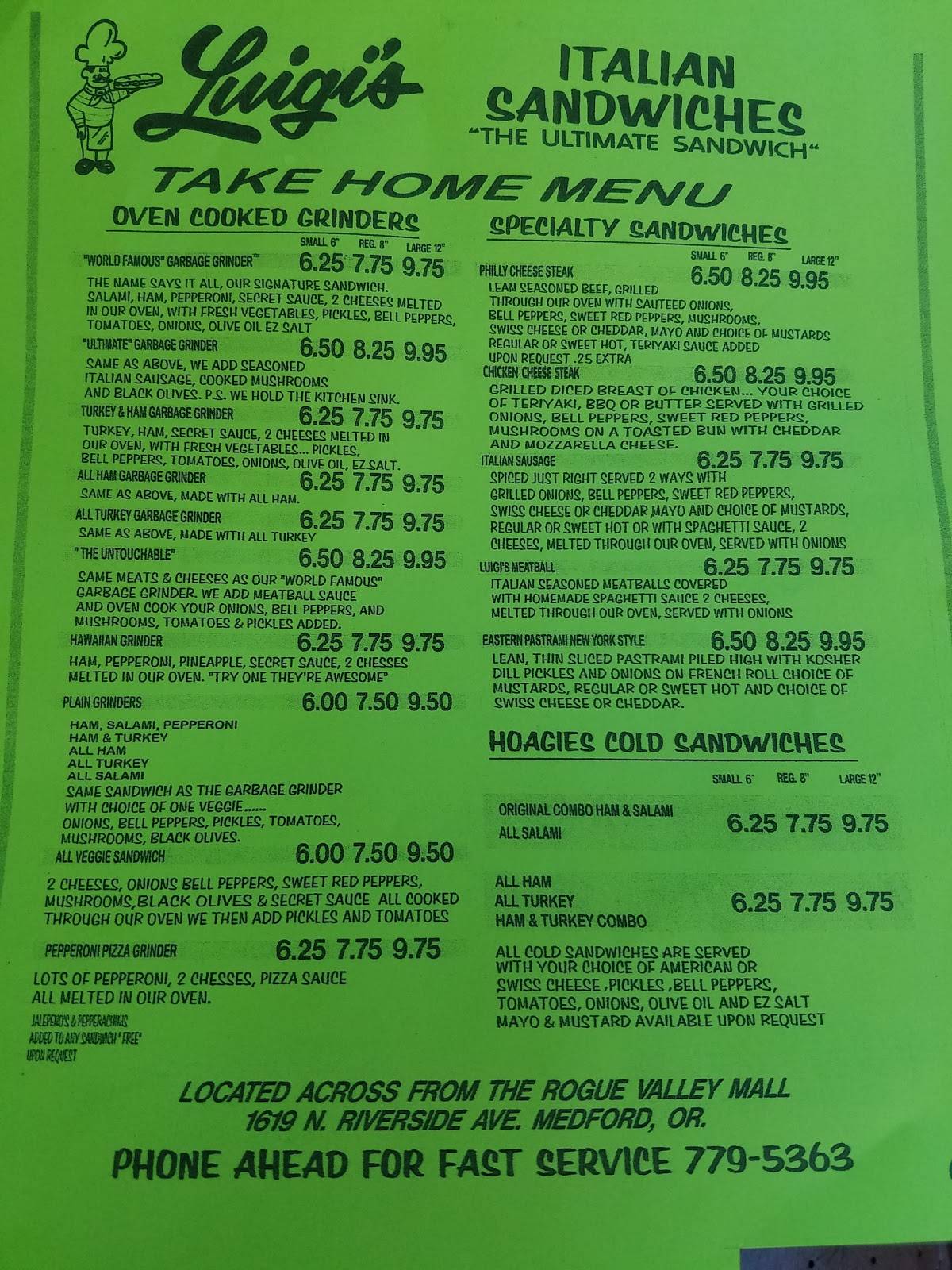 Menu at Luigi's Italian Sandwiches fast food, Medford