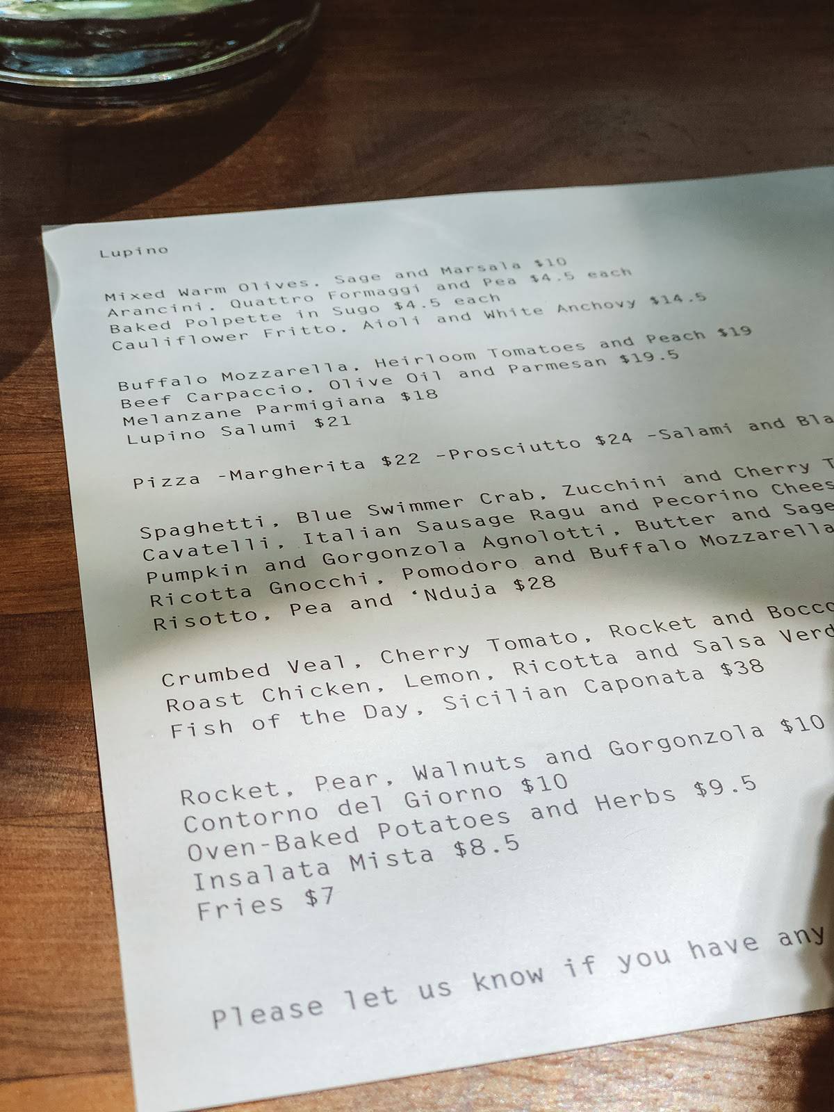 Menu at Lupino restaurant, Melbourne