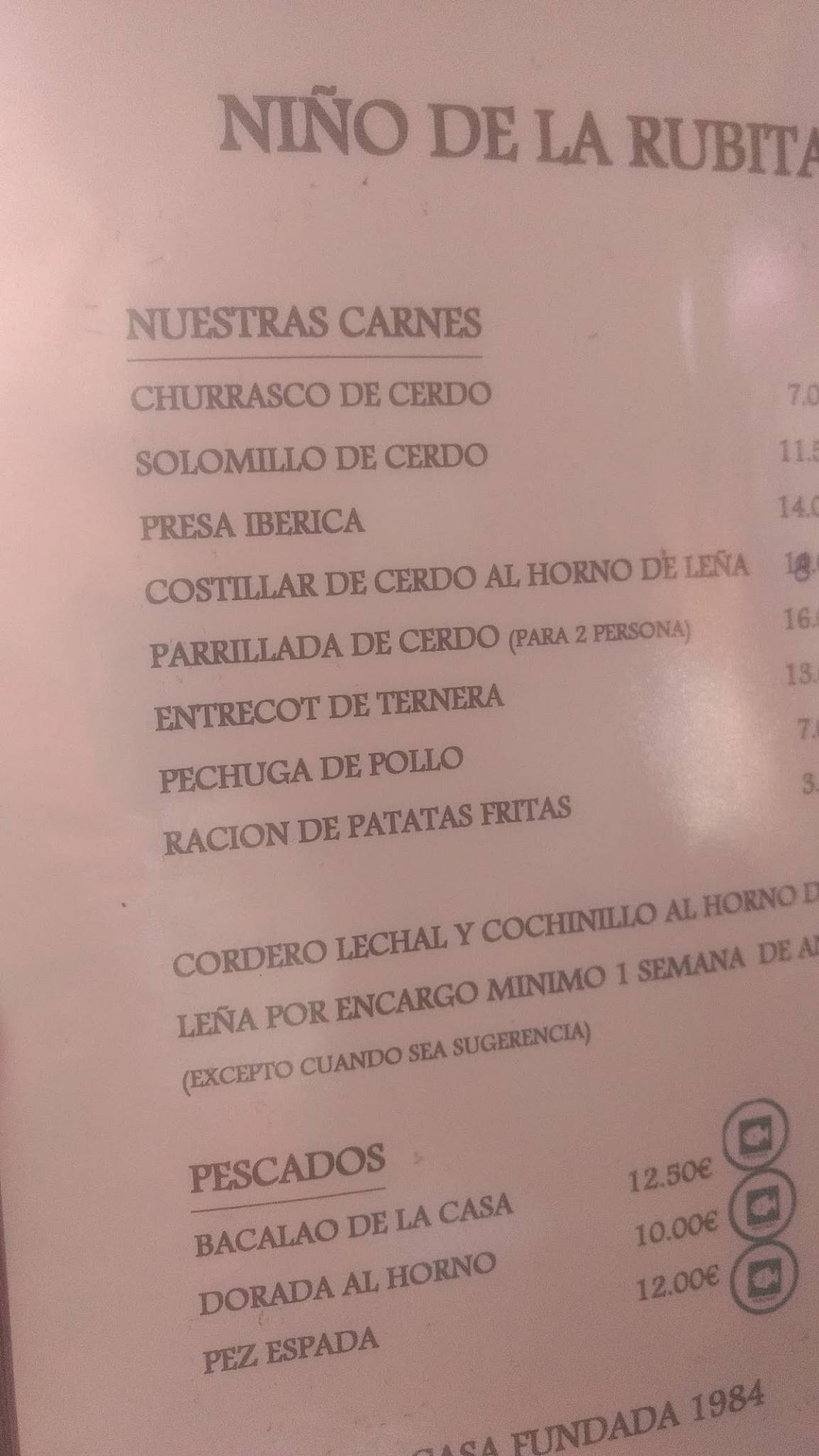 Carta de Parrilla El Niño De La Rubita, Valencina de la Concepción