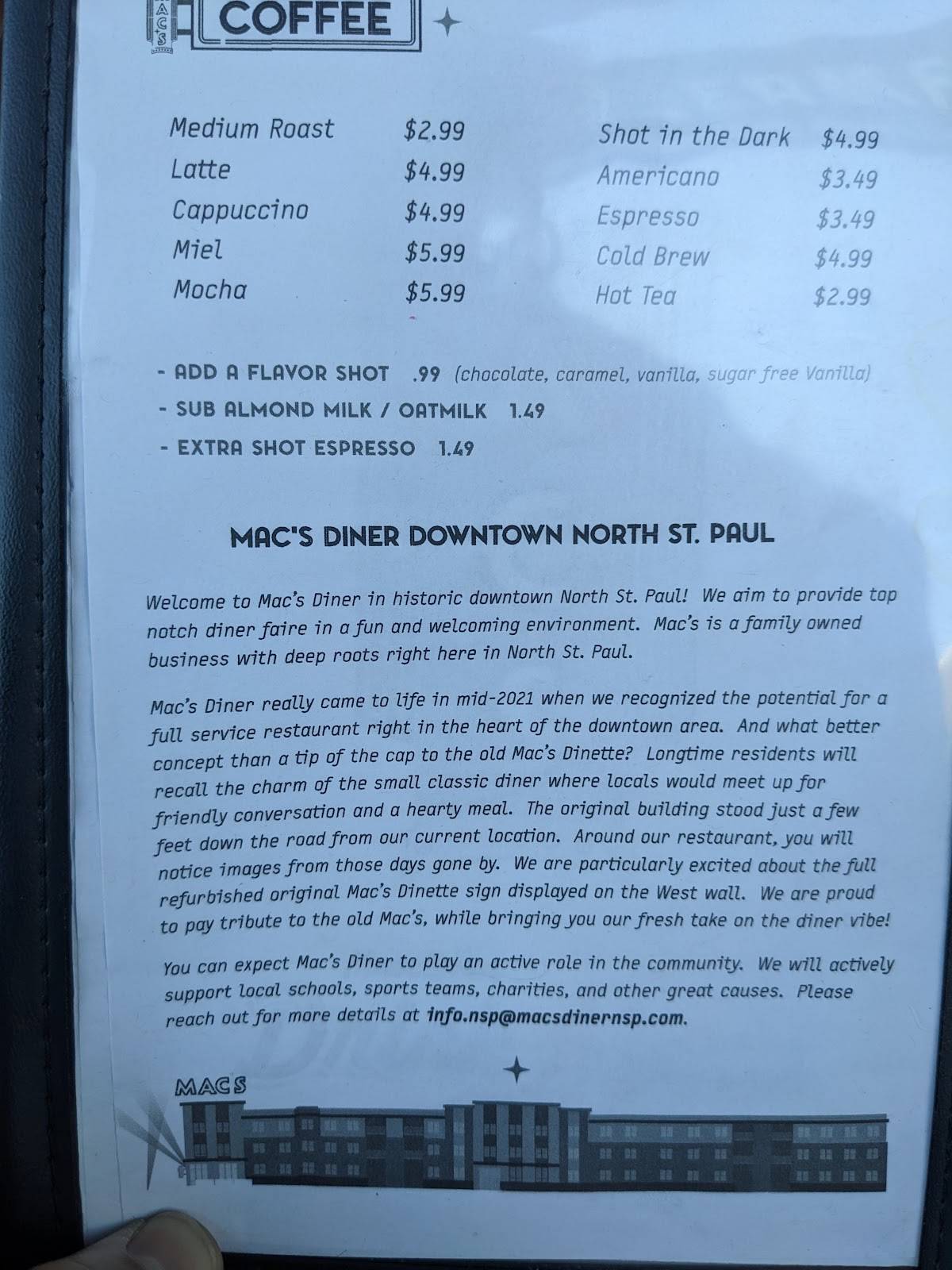 Menu at Mac's Diner restaurant, North Saint Paul