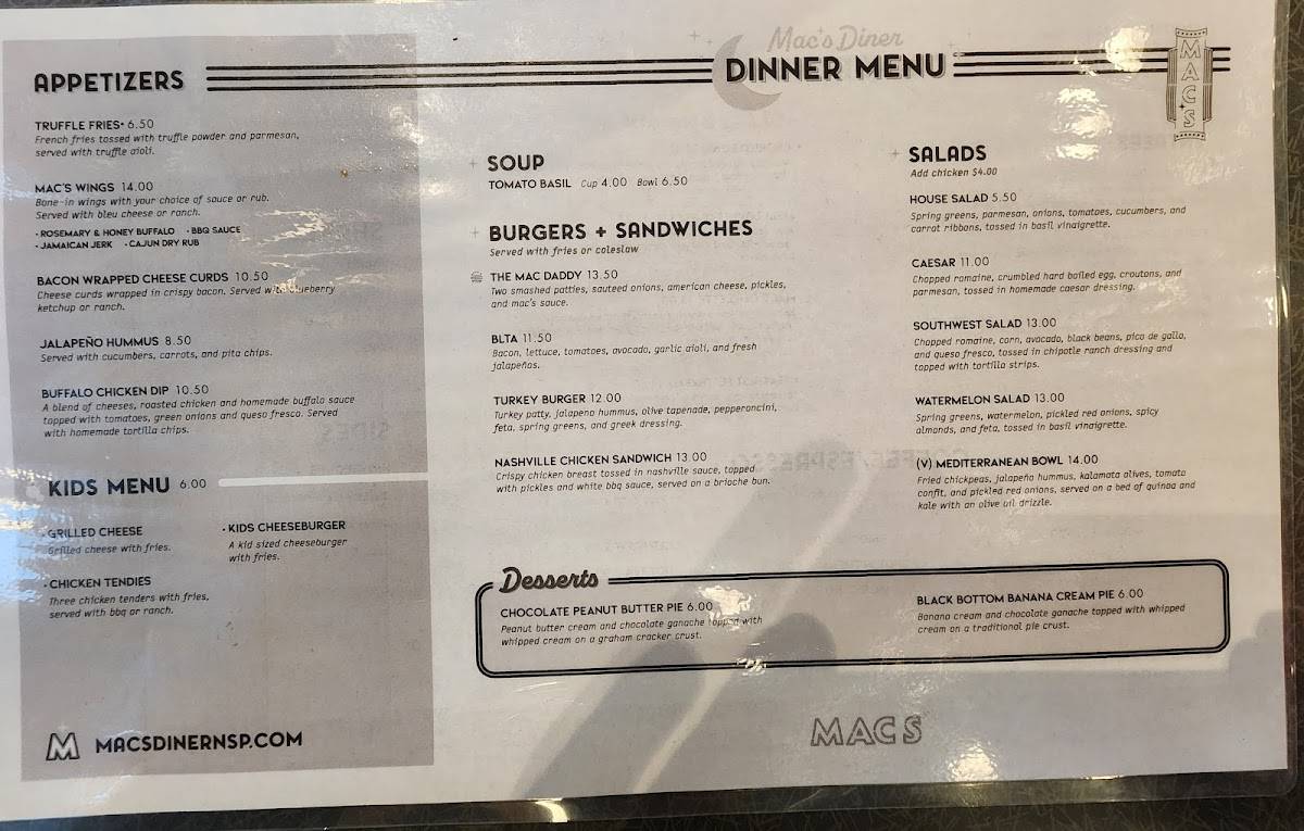 Menu at Mac's Diner restaurant, North Saint Paul