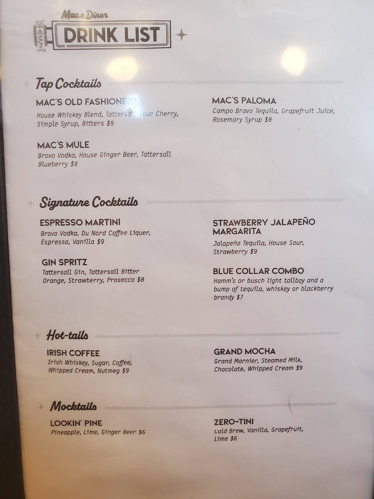 Menu at Mac's Diner restaurant, North Saint Paul