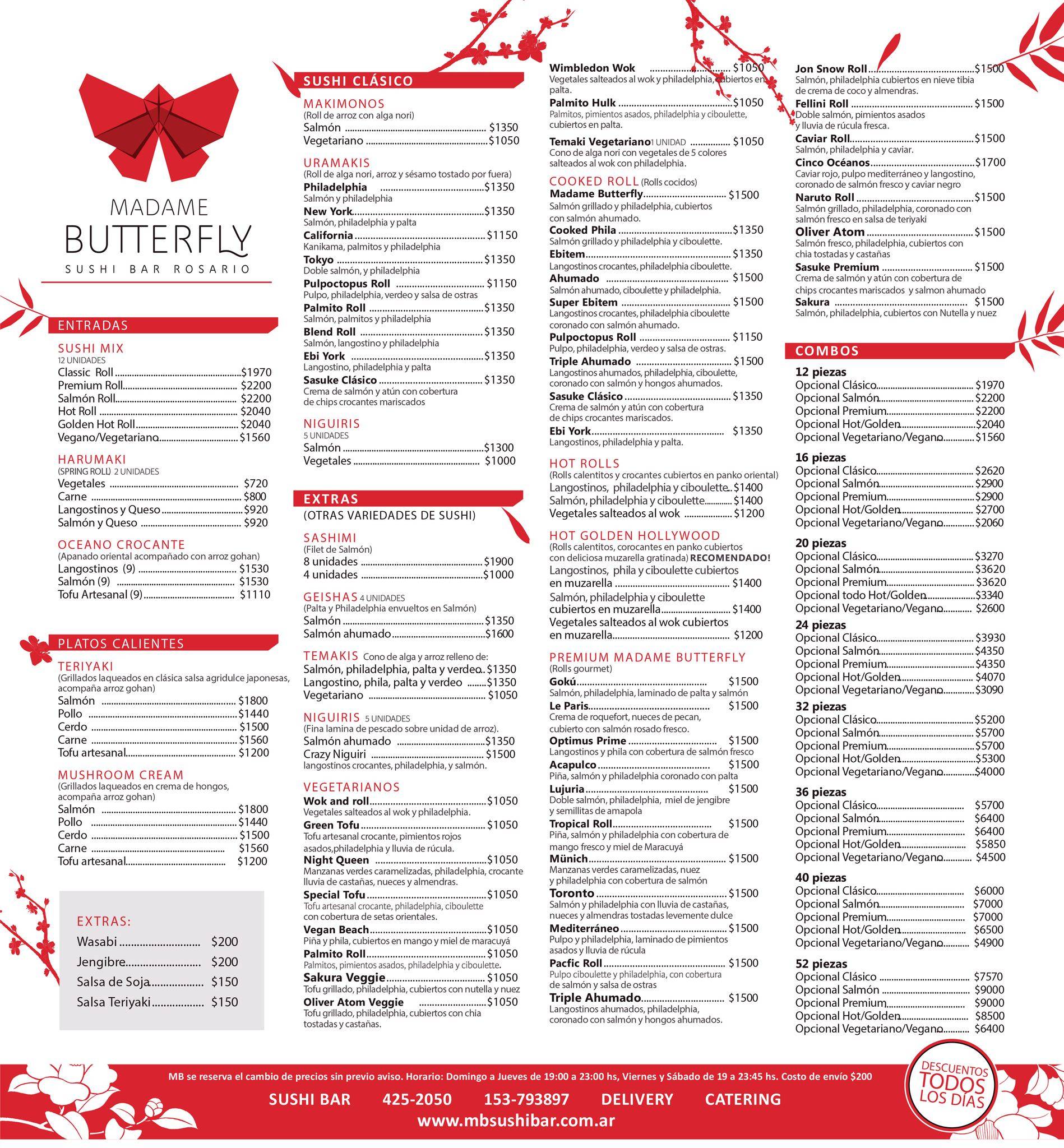 Carta del restaurante Madame Butterfly, Rosario