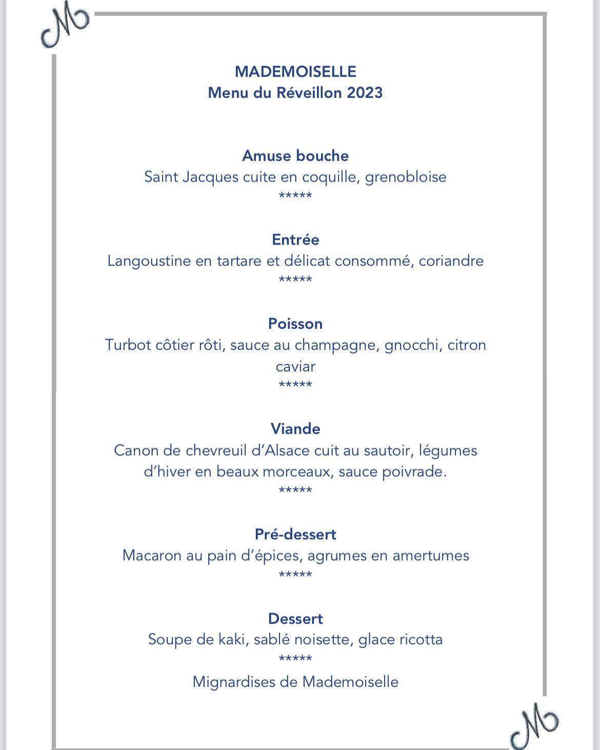 Menu au Mademoiselle St Jean Cap Ferrat restaurant, Saint-Jean-Cap-Ferrat