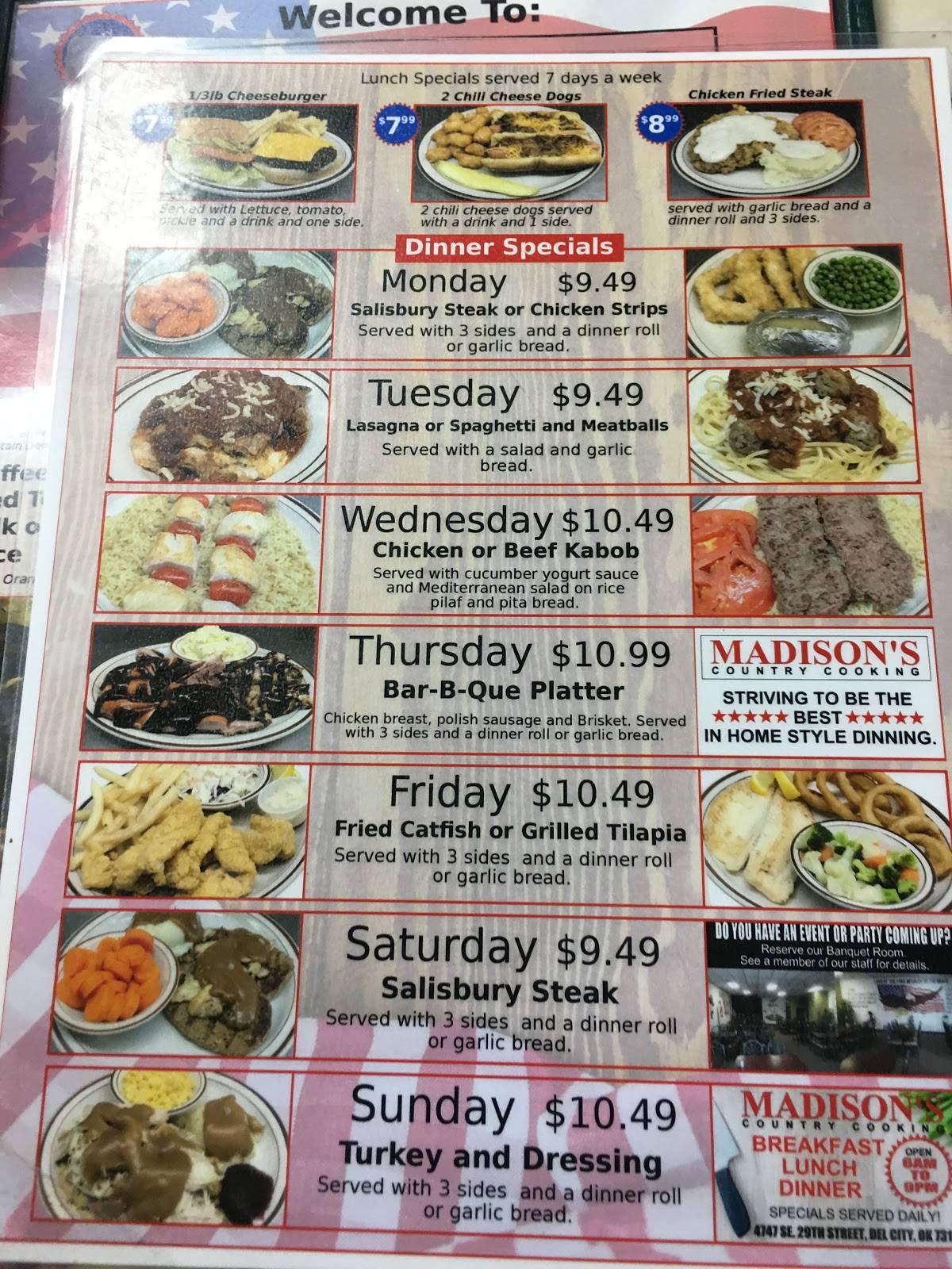 Menu at Madison's Country Cooking restaurant, Del City, 4747 SE 29th St