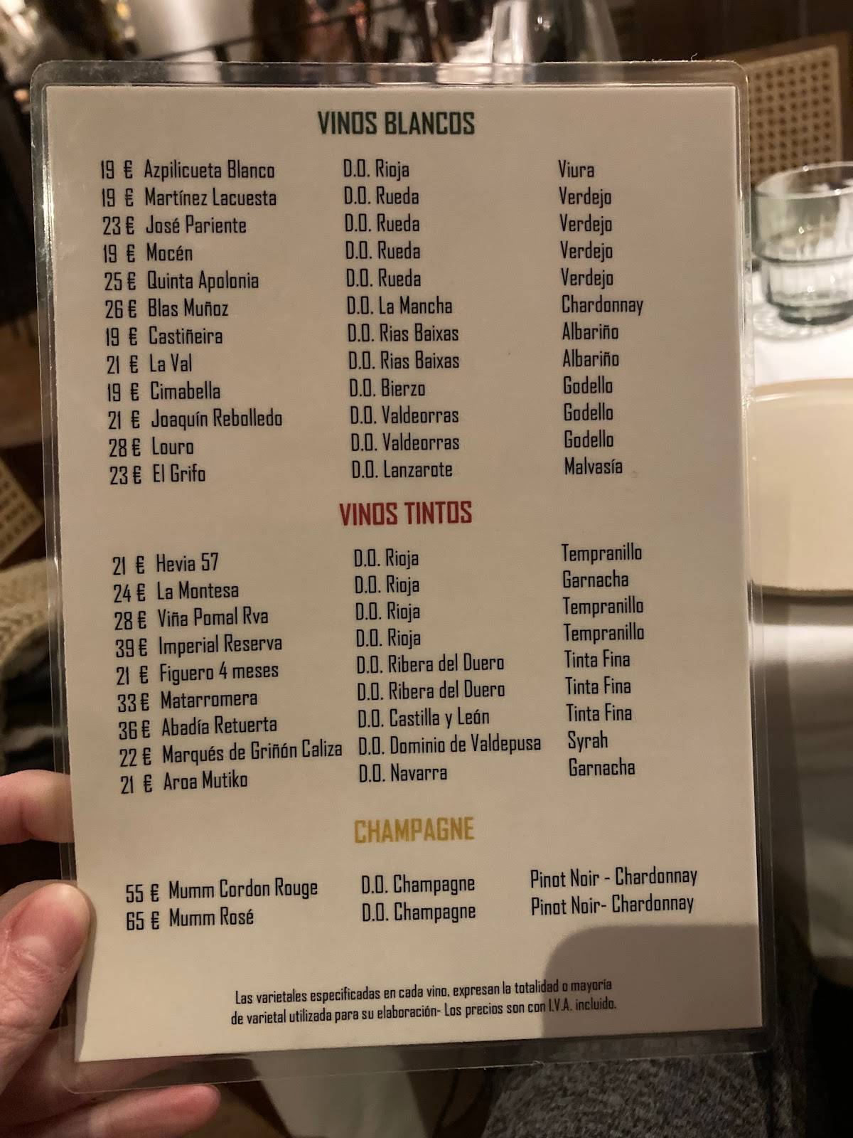Carta de Bar H Emblemático, Madrid