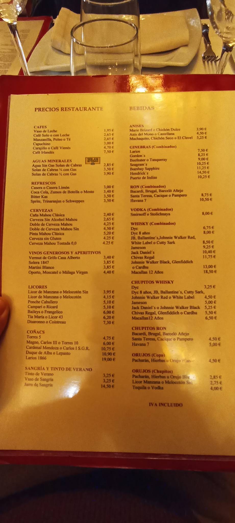 Carta del restaurante Casa Alberto, Madrid, Calle del Las Huertas