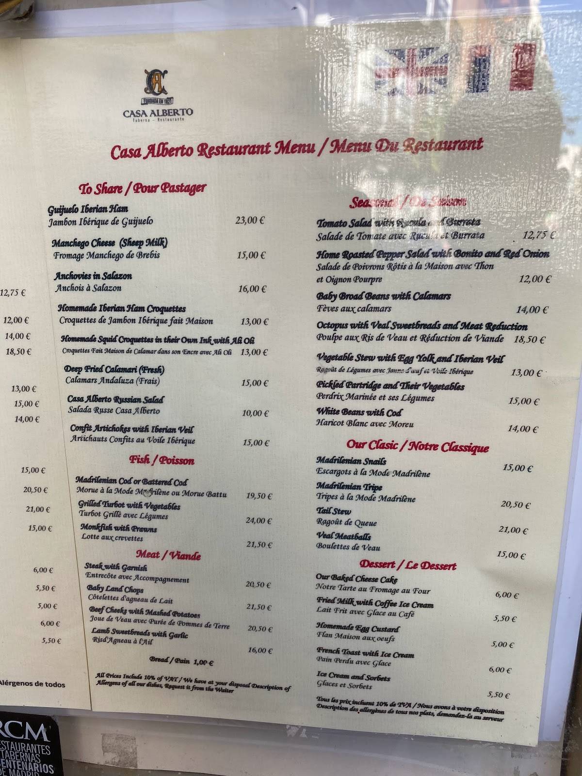 Carta del restaurante Casa Alberto, Madrid, Calle del Las Huertas