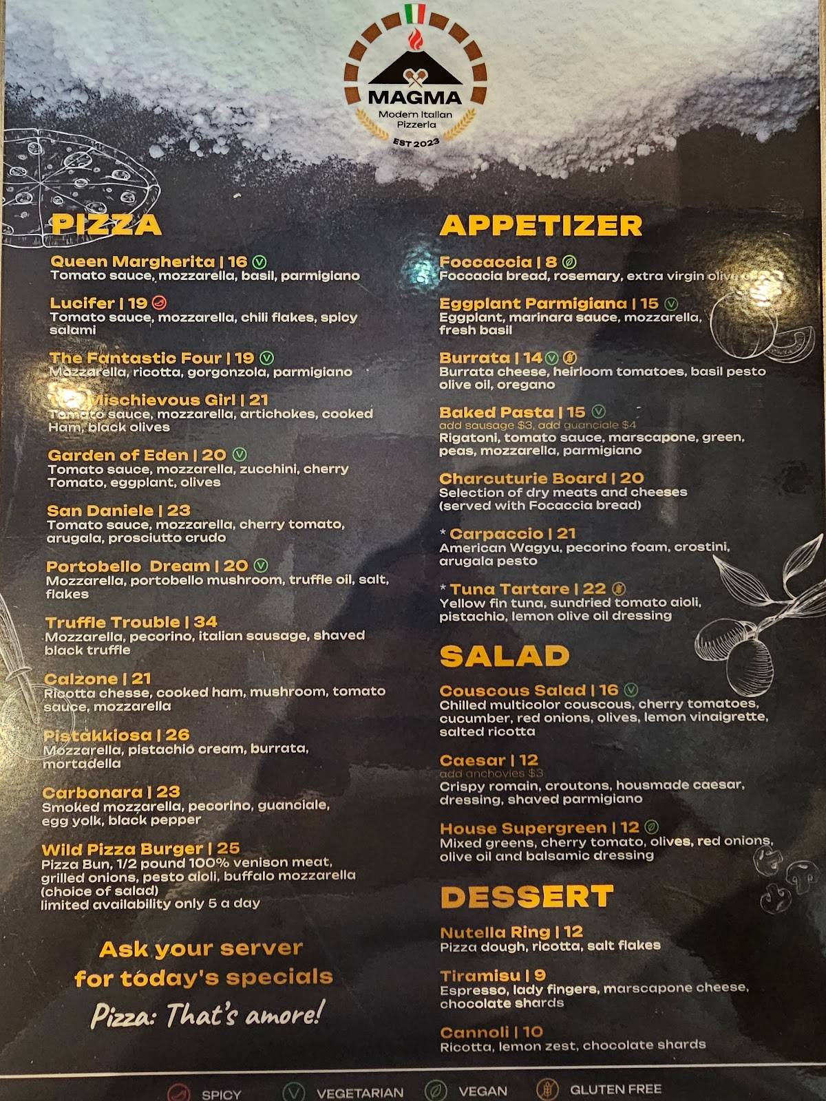 Menu at Magma pizzeria, Moorpark