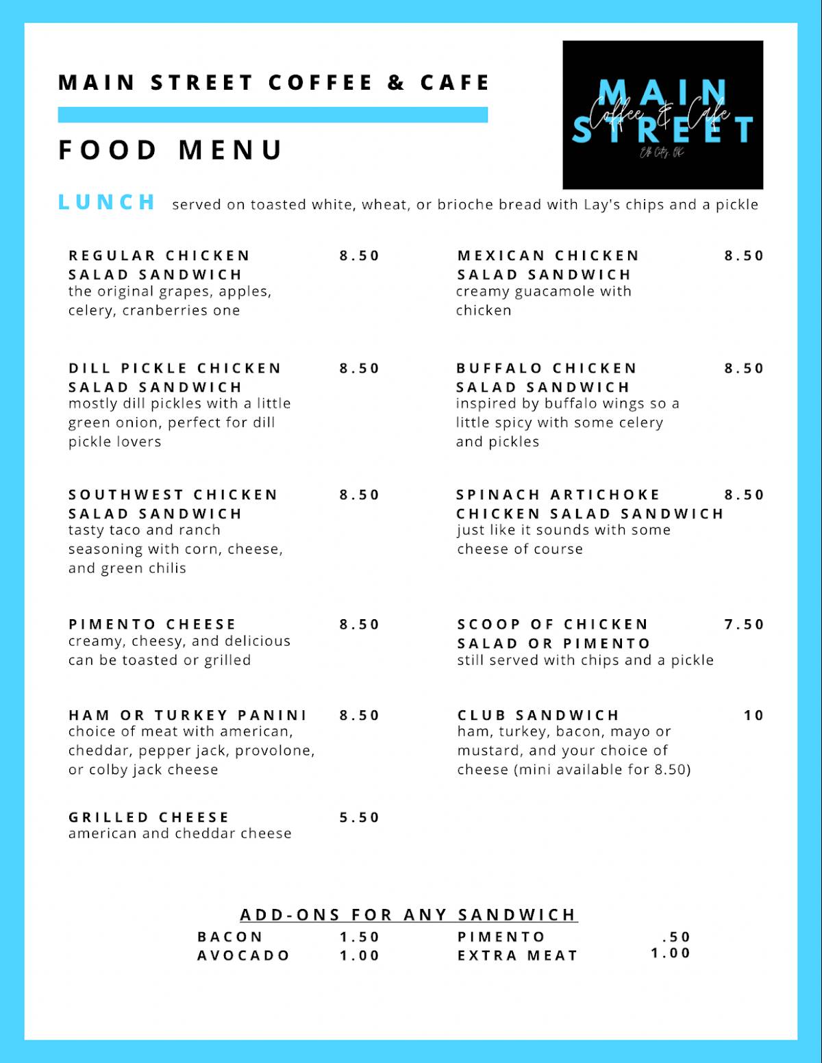 Menu at Main Street Coffee & Cafe, Elk City