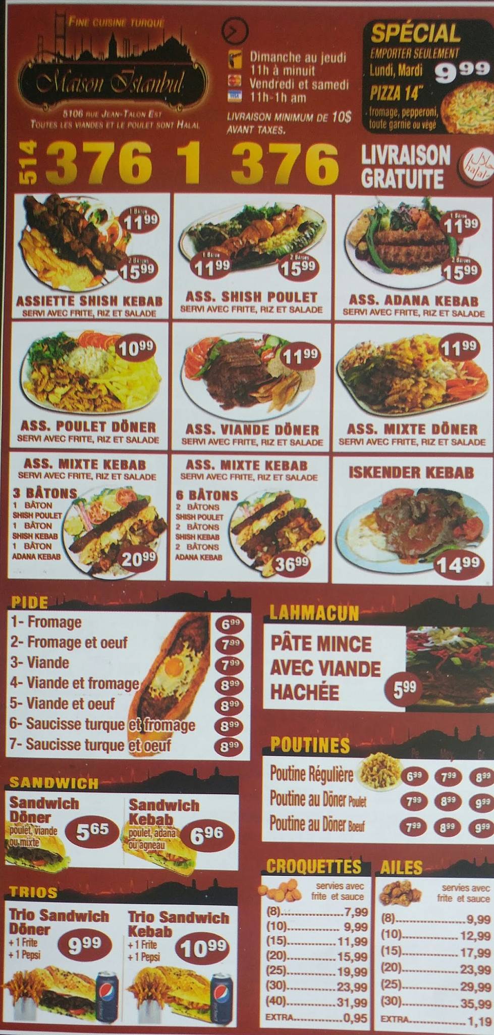Menu au Maison Istanbul pizzeria, Montréal, 5106 Rue Jean-Talon E