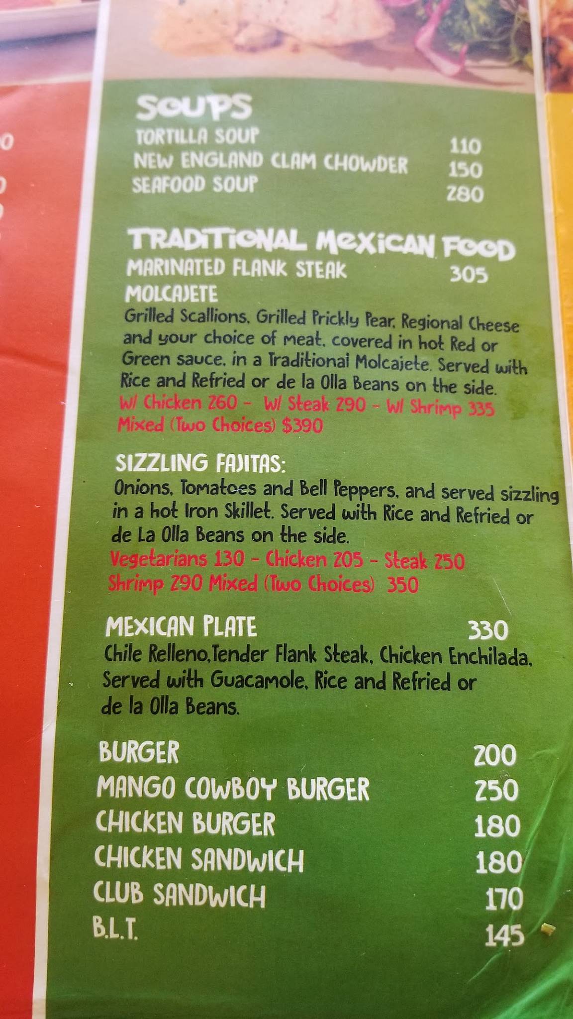 Menu at Mango Deck pub & bar, Cabo San Lucas, Playa El Medano S/N