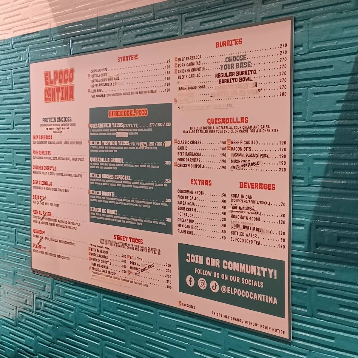 Menu at El Poco Cantina restaurant, Manila