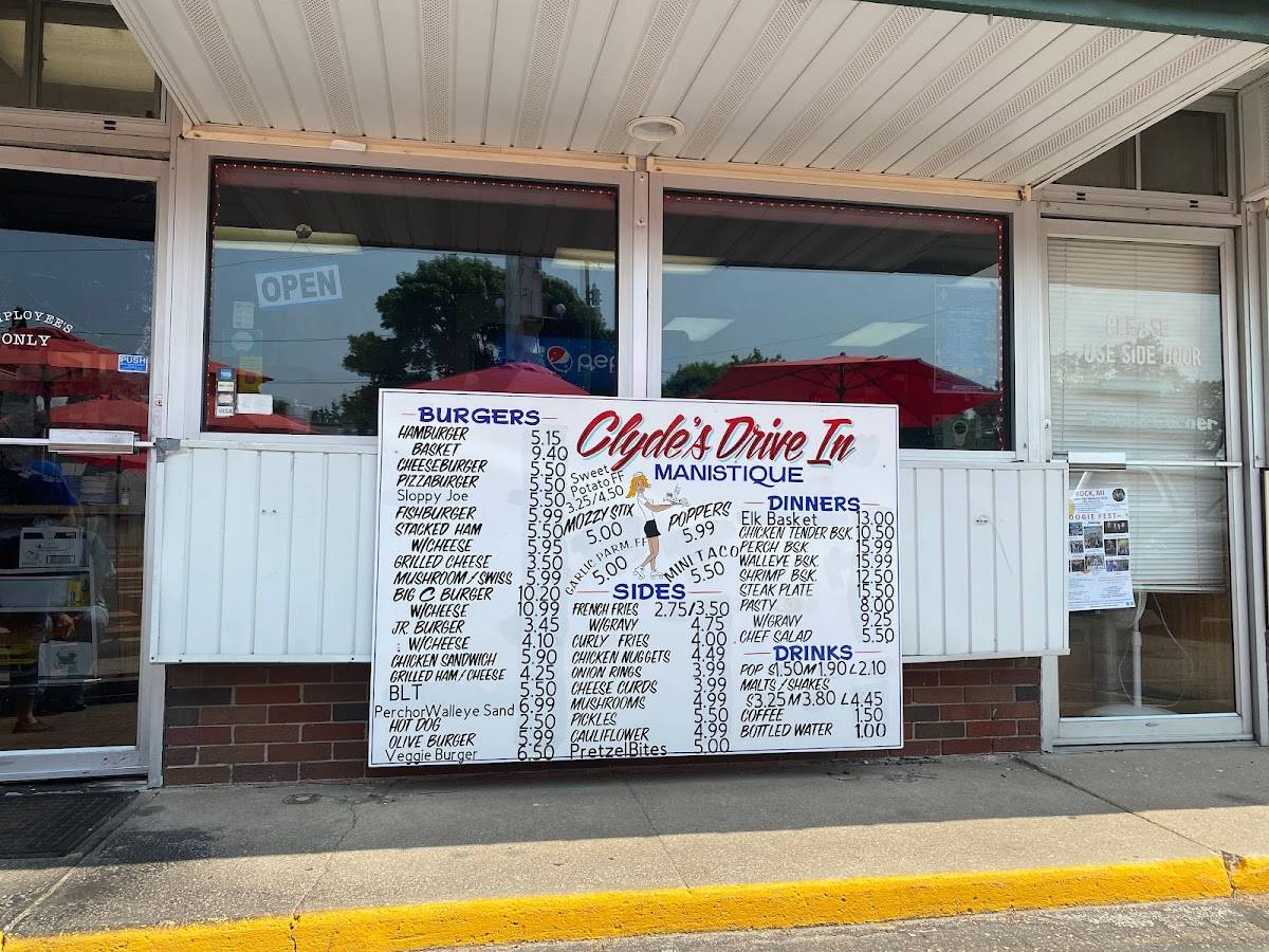 Menu at Clyde's Drive-In restaurant, Manistique