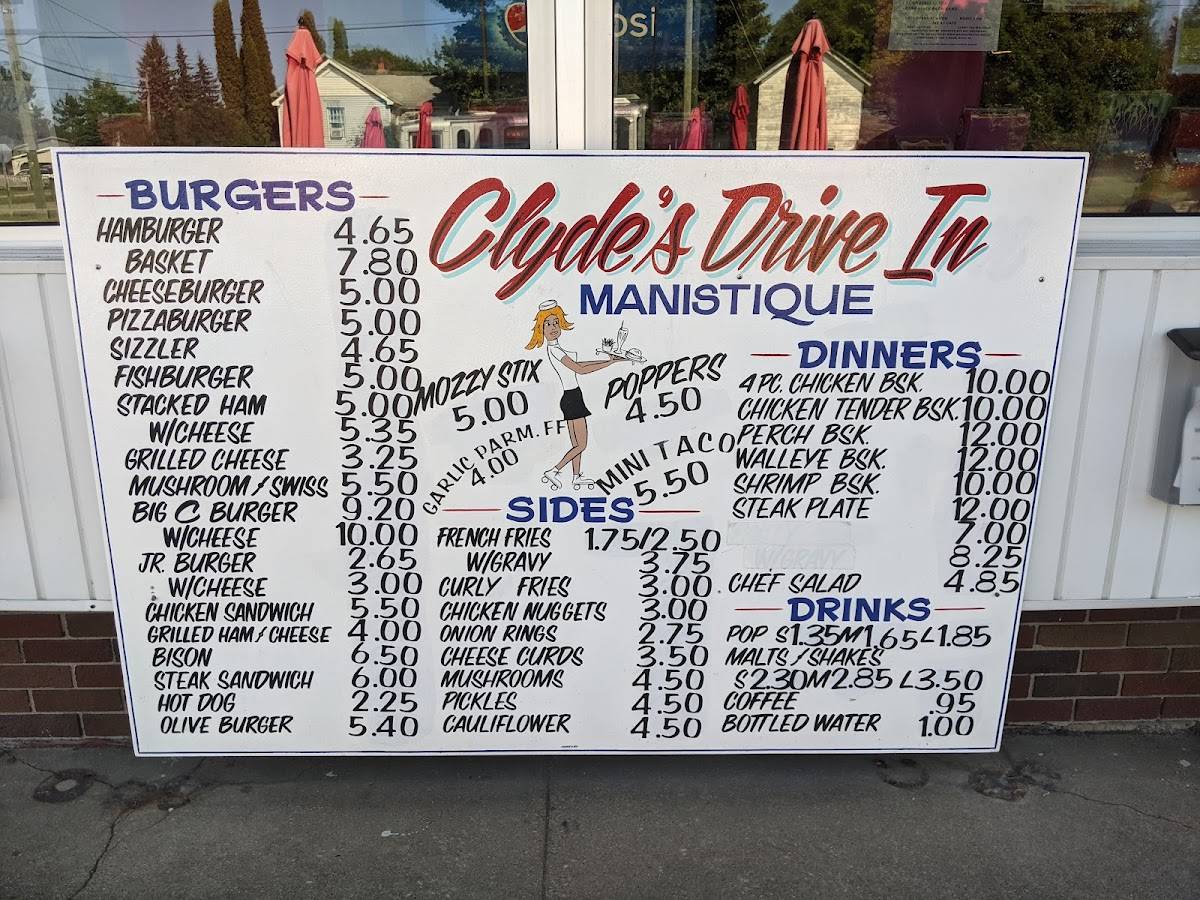Menu at Clyde's Drive-In restaurant, Manistique