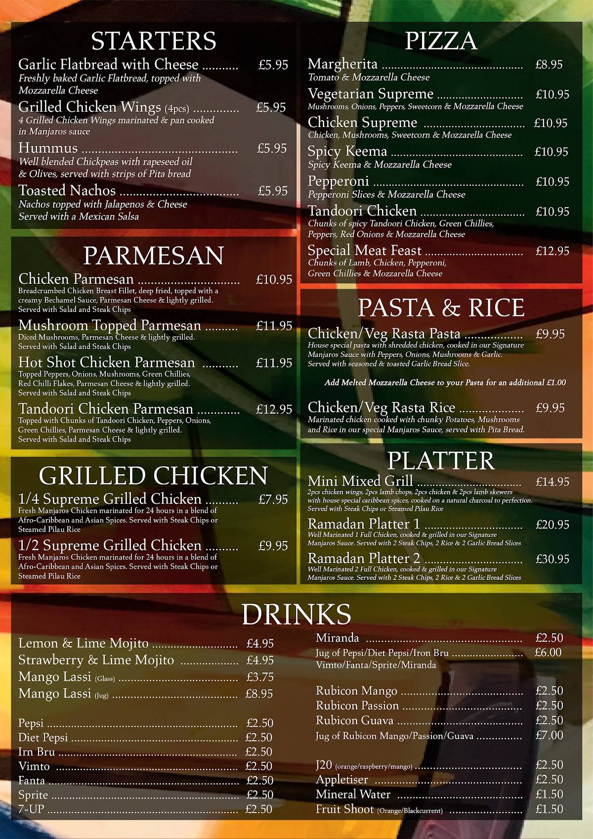 Menu at Manjaros Restaurant Manchester, Manchester