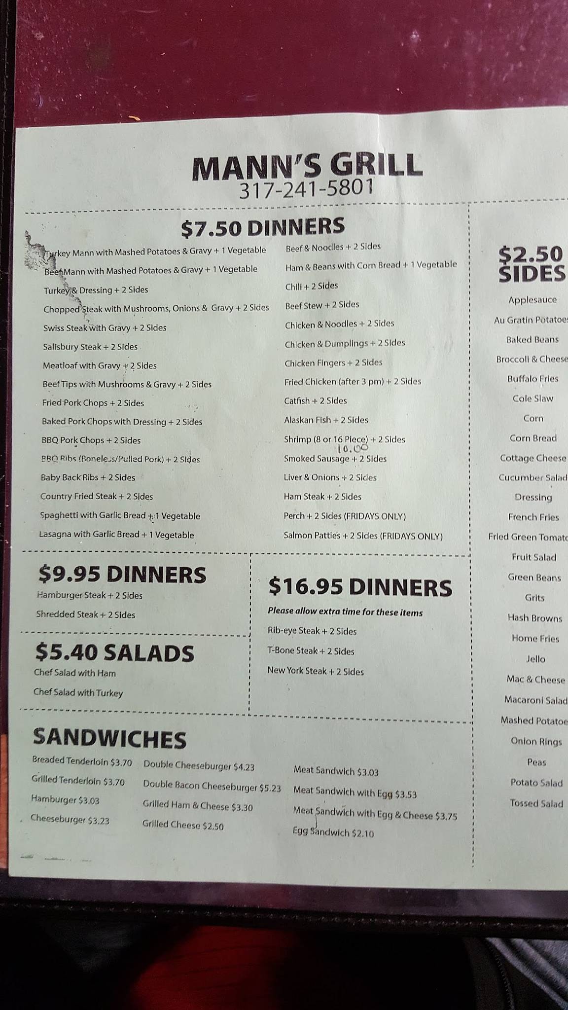 Menu at Mann's Grill restaurant, Indianapolis