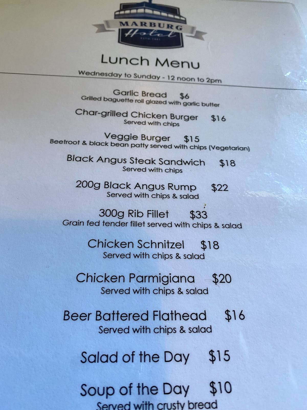 Menu at Marburg Pub, Marburg