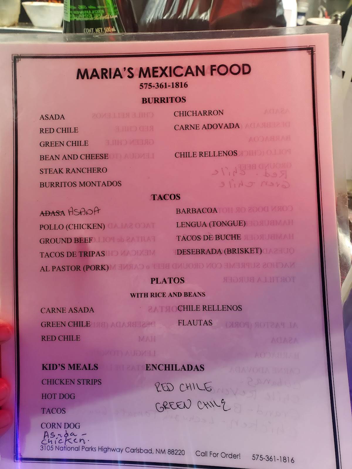 Menu at Maria's Mexican Food restaurant, Carlsbad