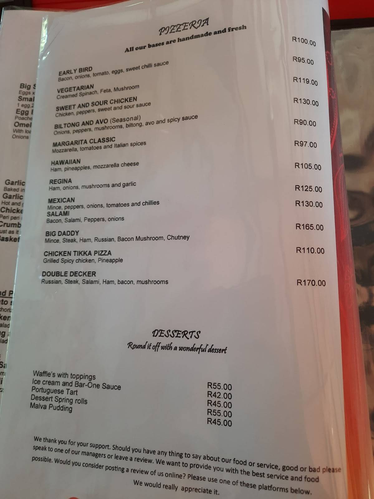 Menu at Tin Shack Restaurant, Marloth Park
