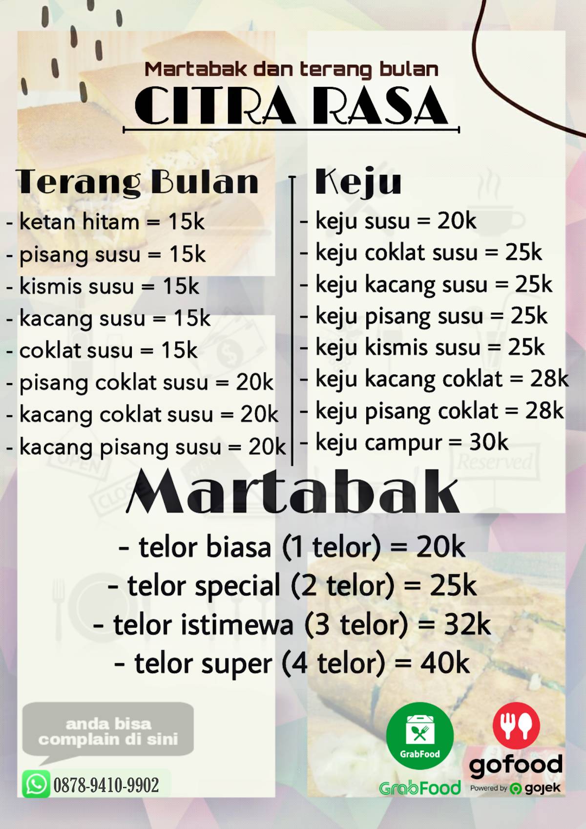 Menu at Martabak Citra rasa restaurant, Sidoarjo
