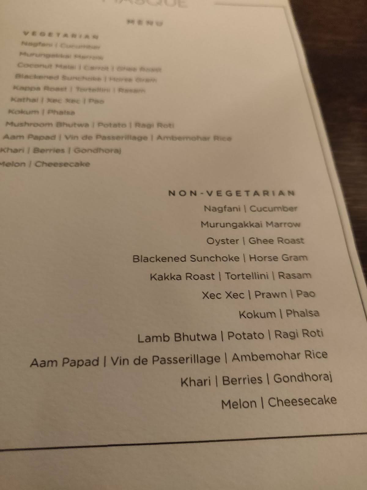 Menu at Masque, Mumbai