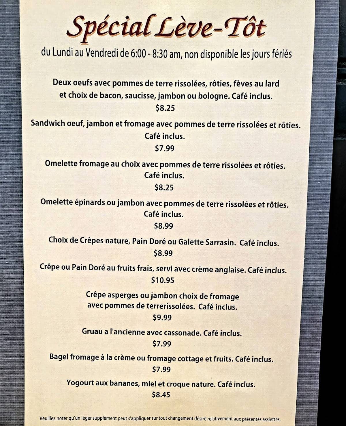 Menu at Matinée Déjeuner Dîner restaurant, Repentigny