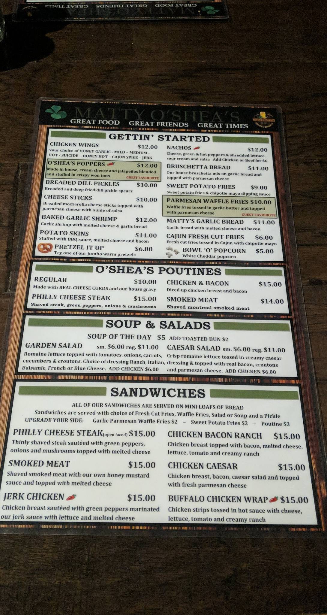 Menu at Matty O'Shea's Pub, Smiths Falls