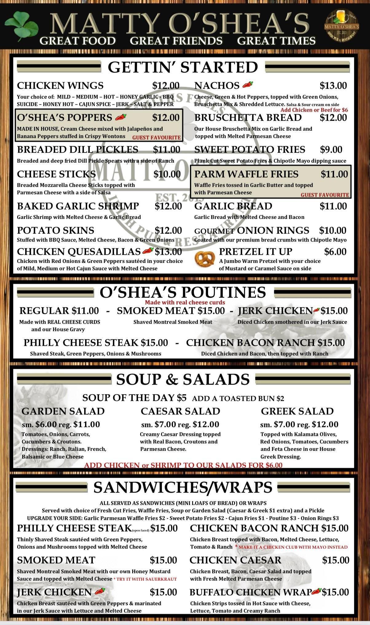 Menu at Matty O'Shea's Pub, Smiths Falls
